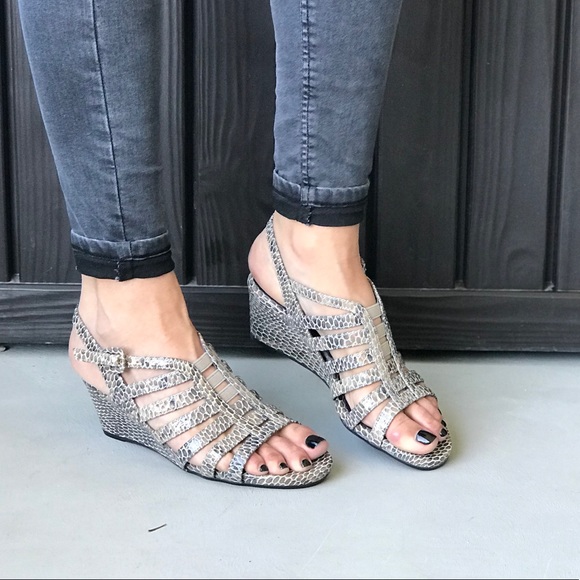 Anthropologie | Shoes | Snake Print Leather Caged Strappy Wedge Sandal ...